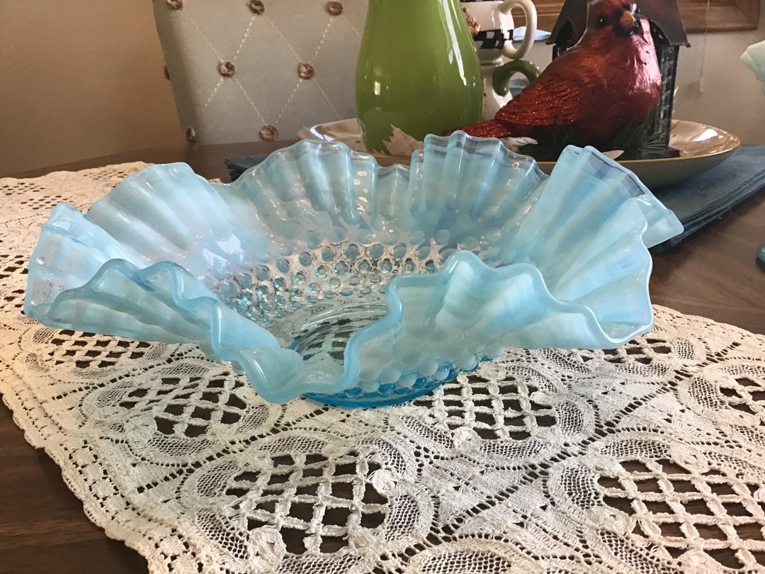 Vintage Blue Fenton Ruffled Rim Bowl Opalescent Hobnail Blue Topaz Bowl ...