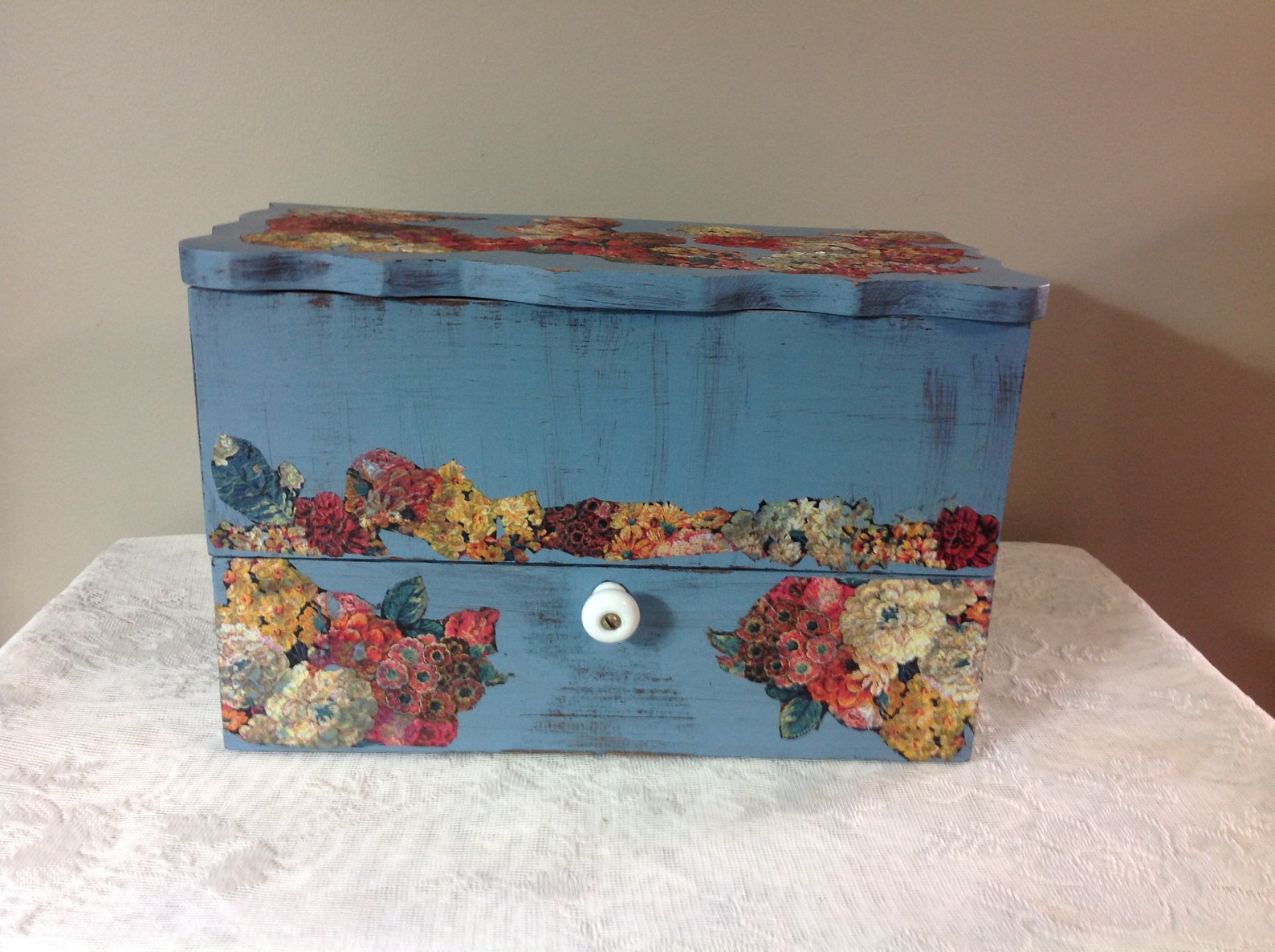 Vintage Wood Box Decopodge Mod Podge Box With Drawer Blue Box - Etsy