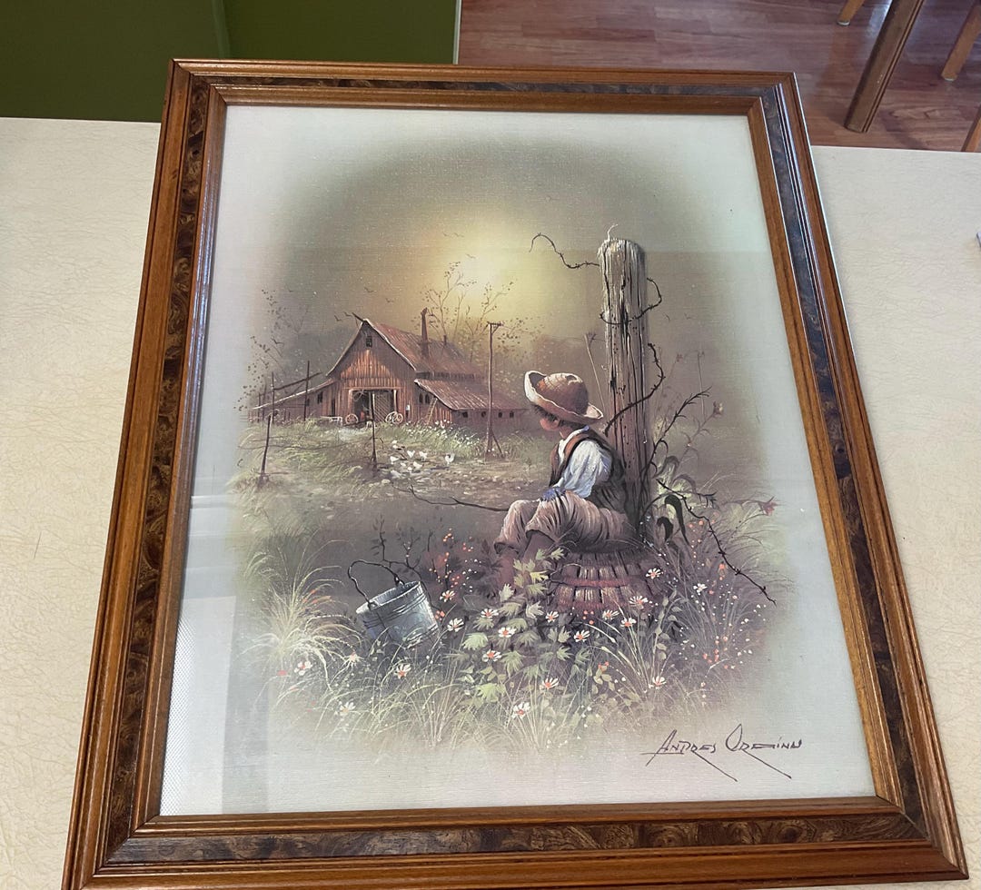 Vintage Andres Orpinas Framed Print Boy and Barn Country Scene - Etsy