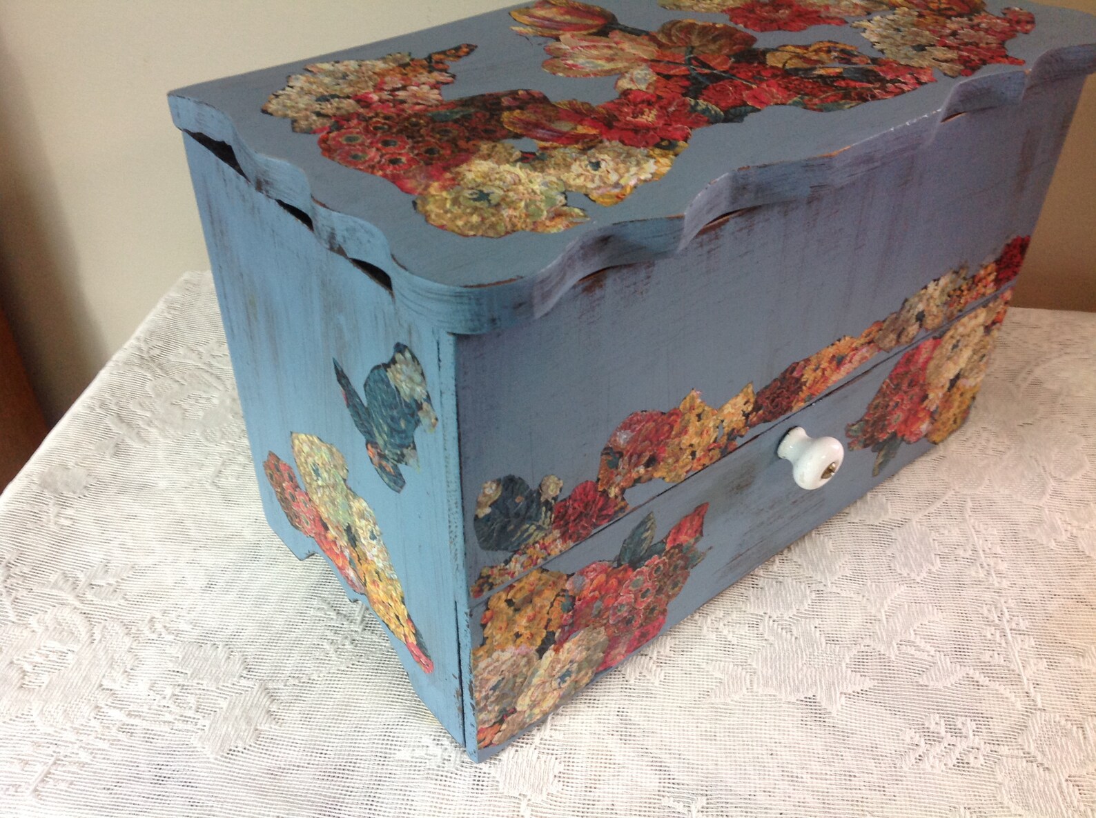 Vintage Wood Box Decopodge Mod Podge Box With Drawer Blue Box - Etsy