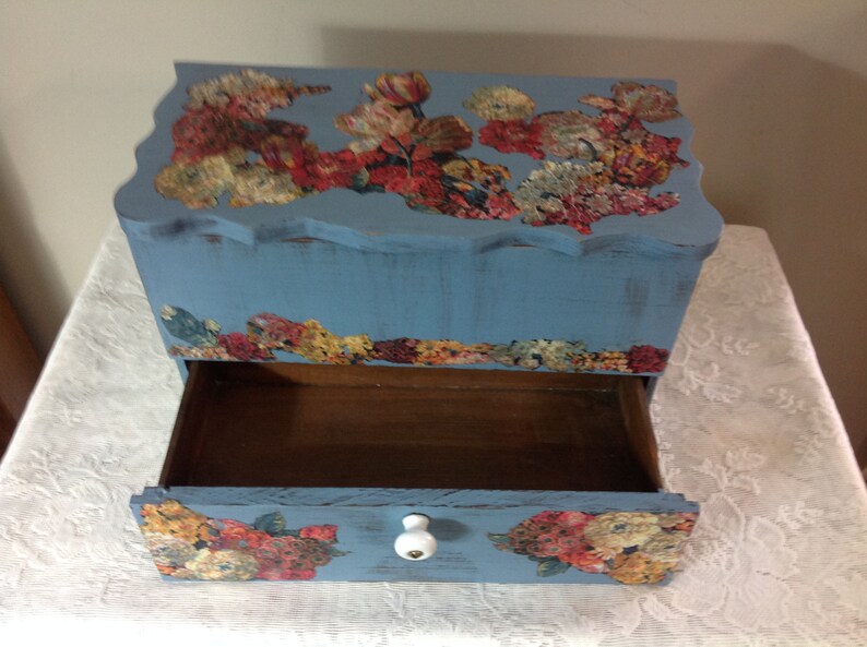 Vintage Wood Box Decopodge Mod Podge Box With Drawer Blue Box Storage ...