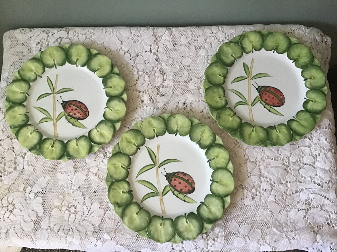 Vintage Salad / Lunch Plates Tea Party Plates Green Apple Rimmed Plates ...