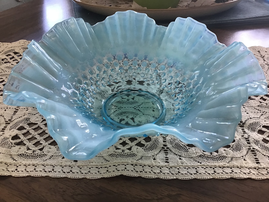 Vintage Blue Fenton Ruffled Rim Bowl Opalescent Hobnail Blue Topaz Bowl ...