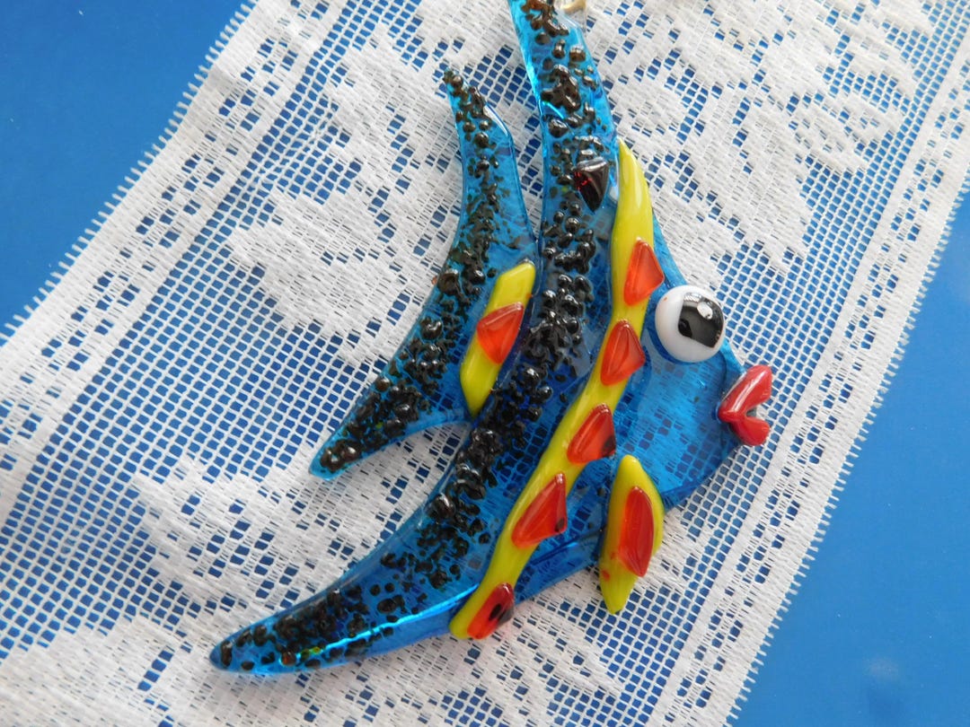 Transparent Teal Fused Glass Angelfish Suncatcher, Embellished With ...