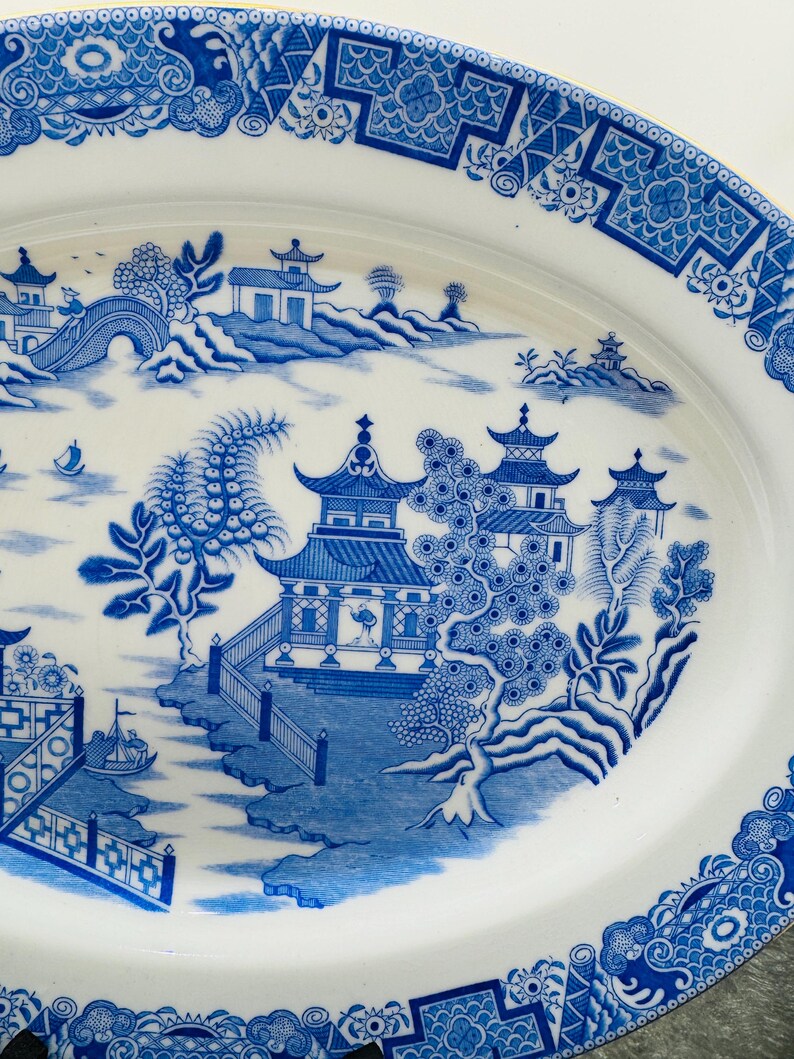 Royal Worcester 1880s Willow Pattern Oval Serving Platter With Gold ...