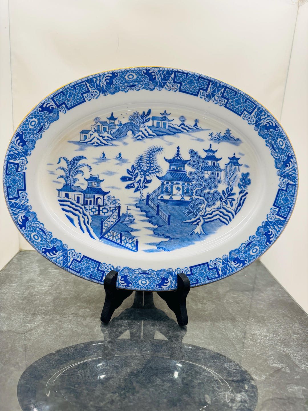 Royal Worcester 1880s Willow Pattern Oval Serving Platter With Gold ...