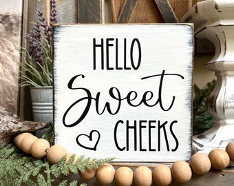 Handcrafted Hello Sweet Cheeks Funny Bathroom Sign Black and White ...
