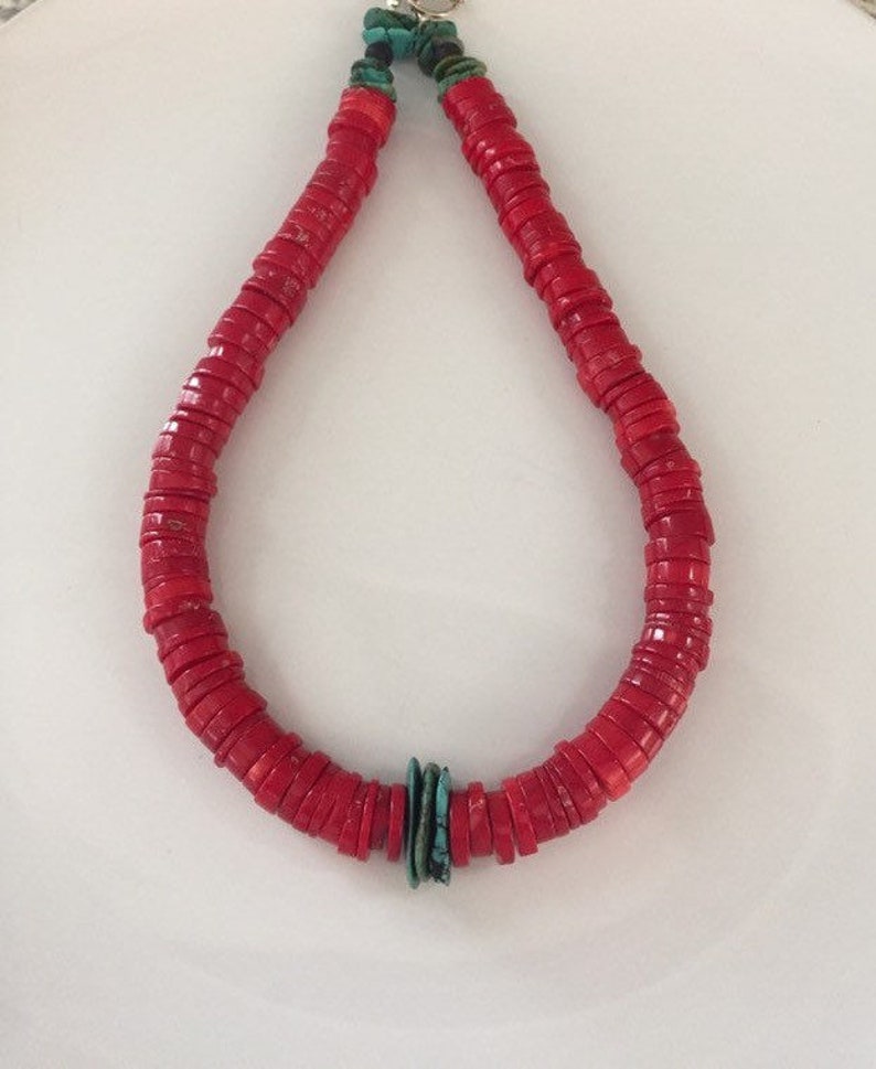 Red Coral Heishi Necklace With Turquoise and Lava Rock Coral | Etsy
