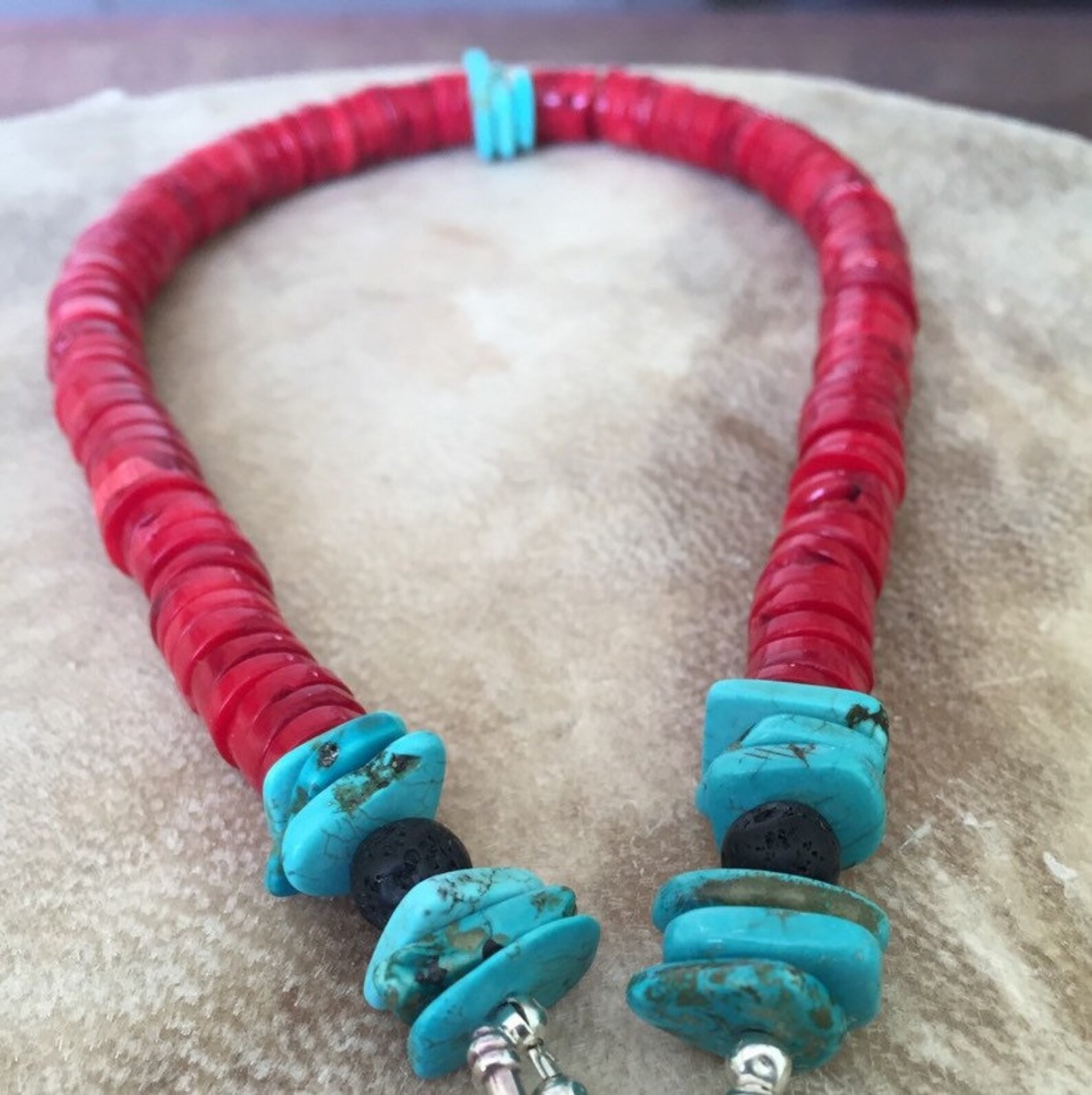Red Coral Heishi Necklace With Turquoise and Lava Rock Coral | Etsy