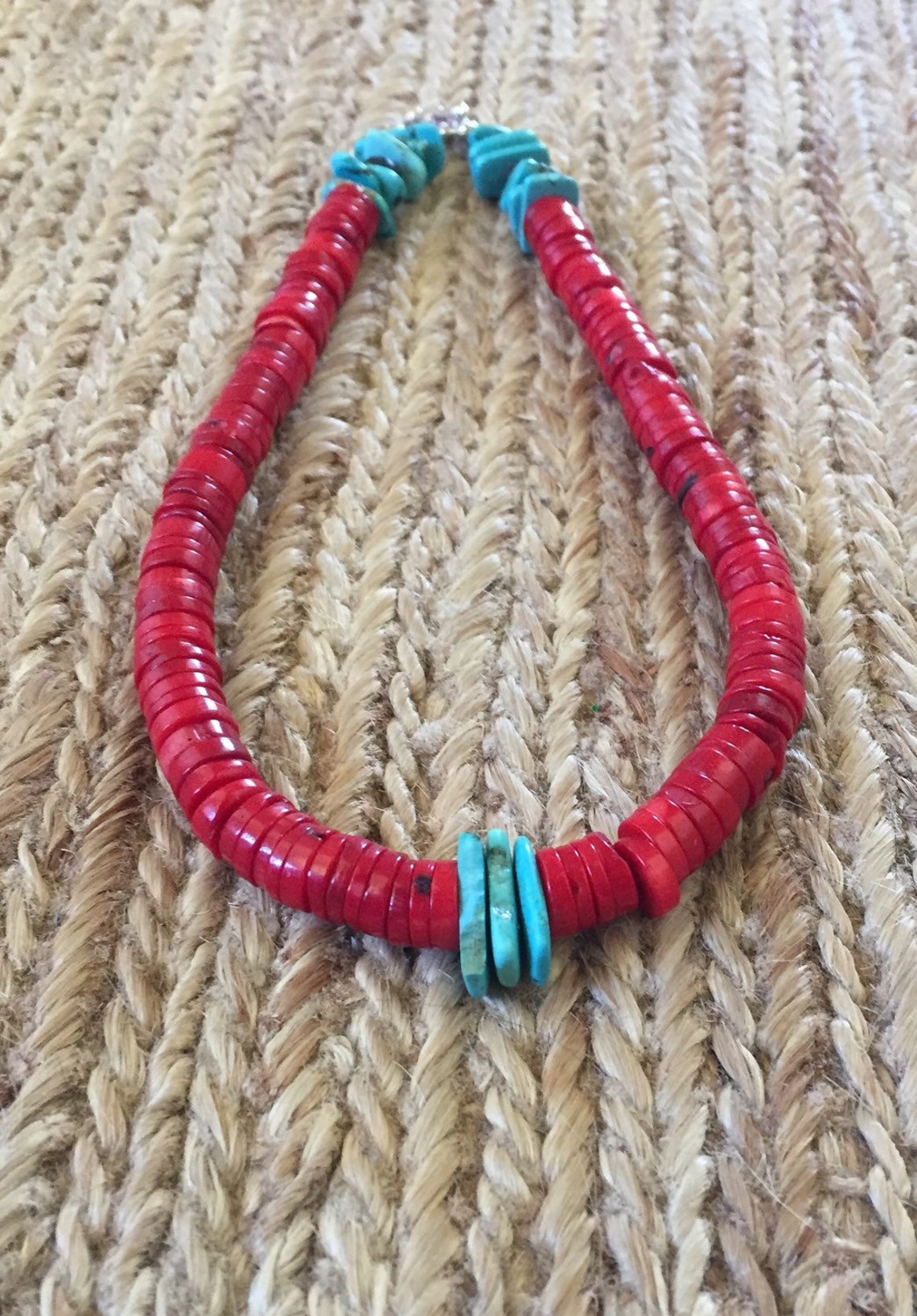 Red Coral Heishi Necklace With Turquoise and Lava Rock Coral | Etsy