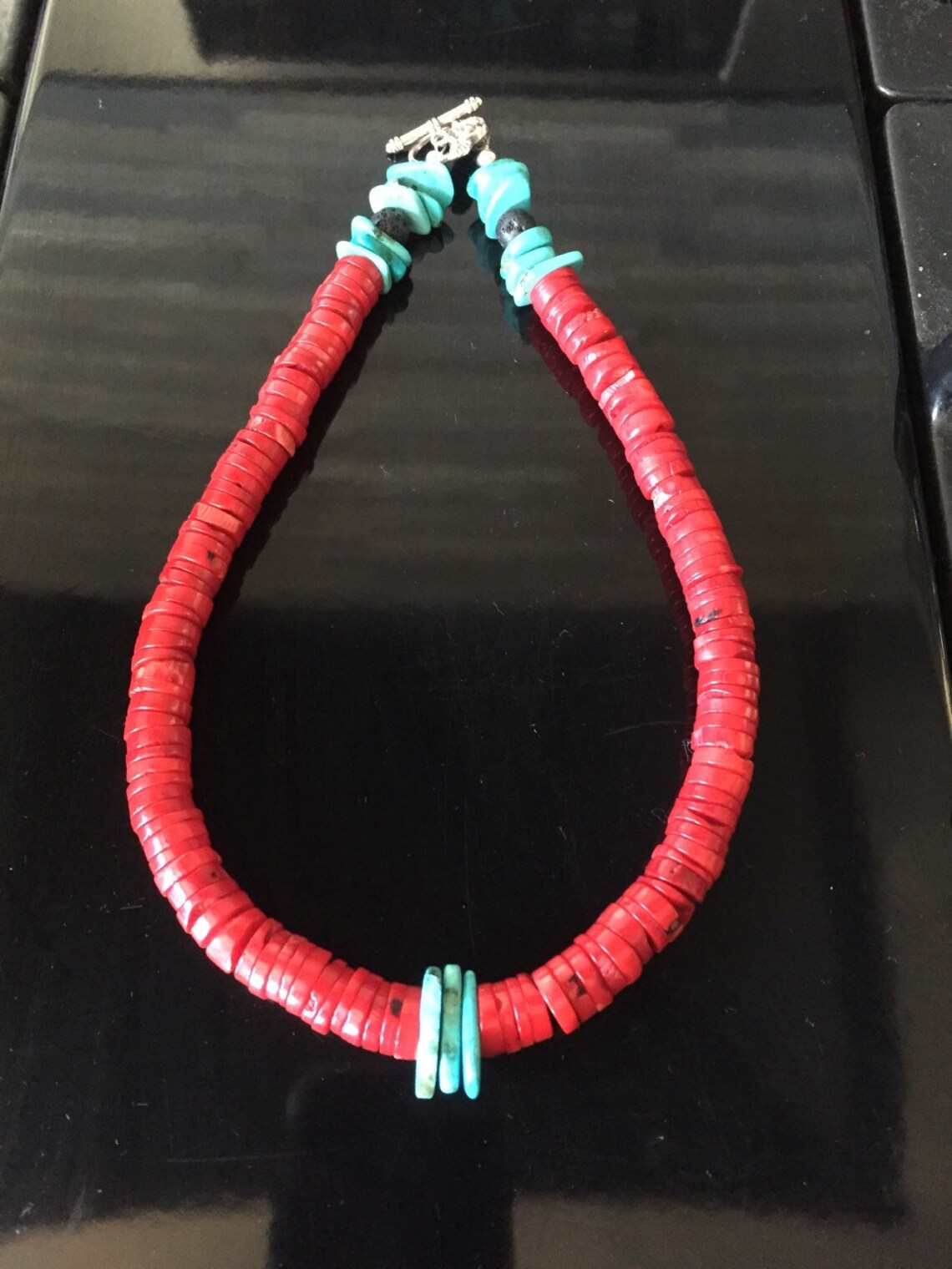 Red Coral Heishi Necklace With Turquoise and Lava Rock Coral | Etsy