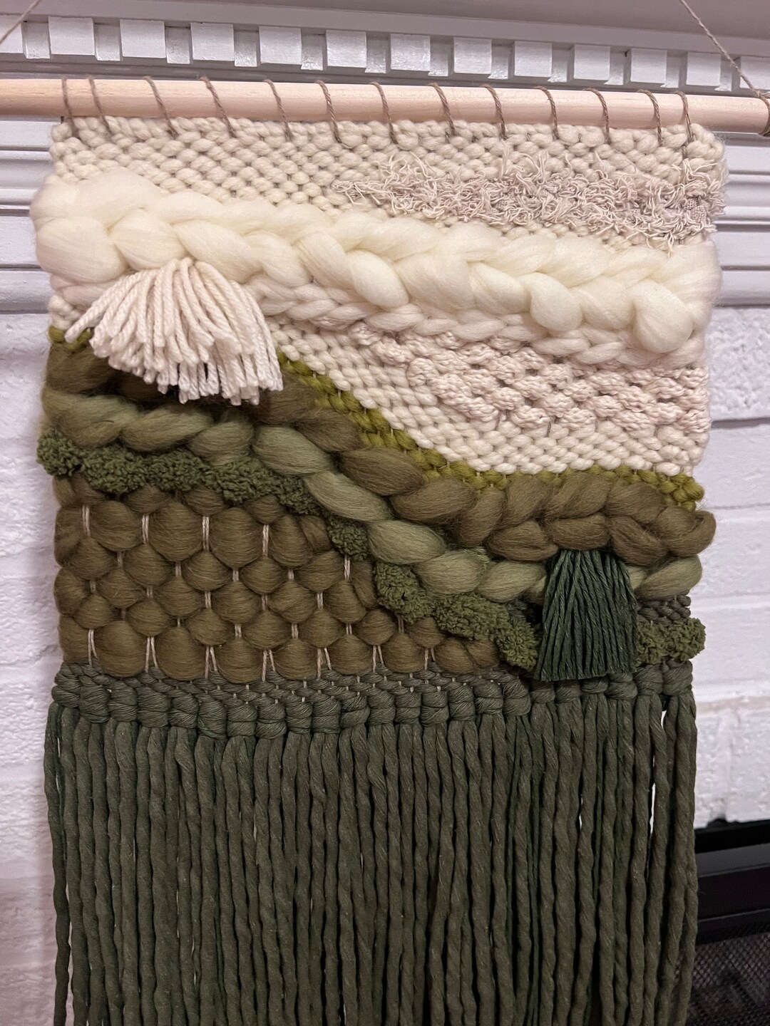 Green & Ivory Woven Wall Hanging/tapestry With Fringe - Etsy