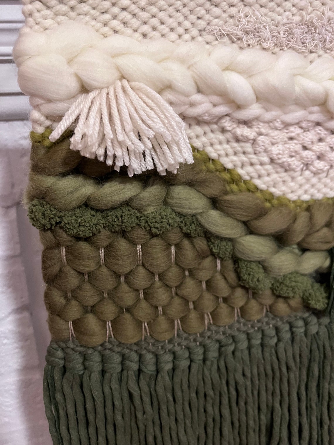 Green & Ivory Woven Wall Hanging/tapestry With Fringe - Etsy