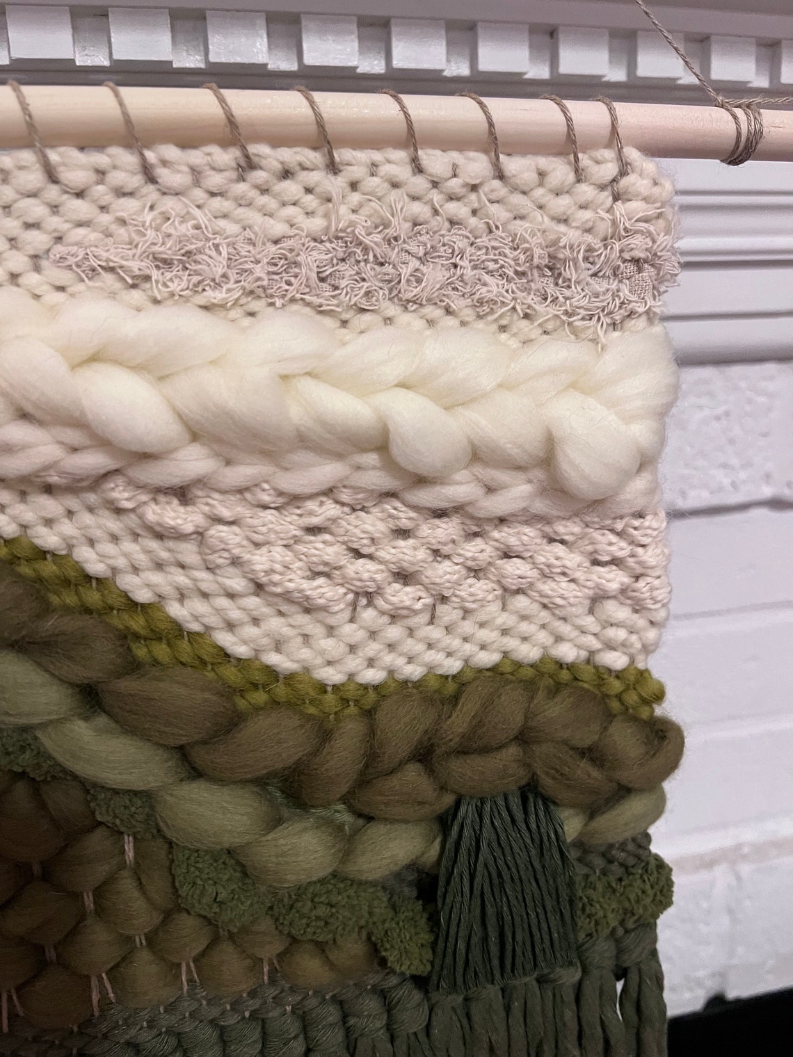 Green & Ivory Woven Wall Hanging/tapestry With Fringe - Etsy