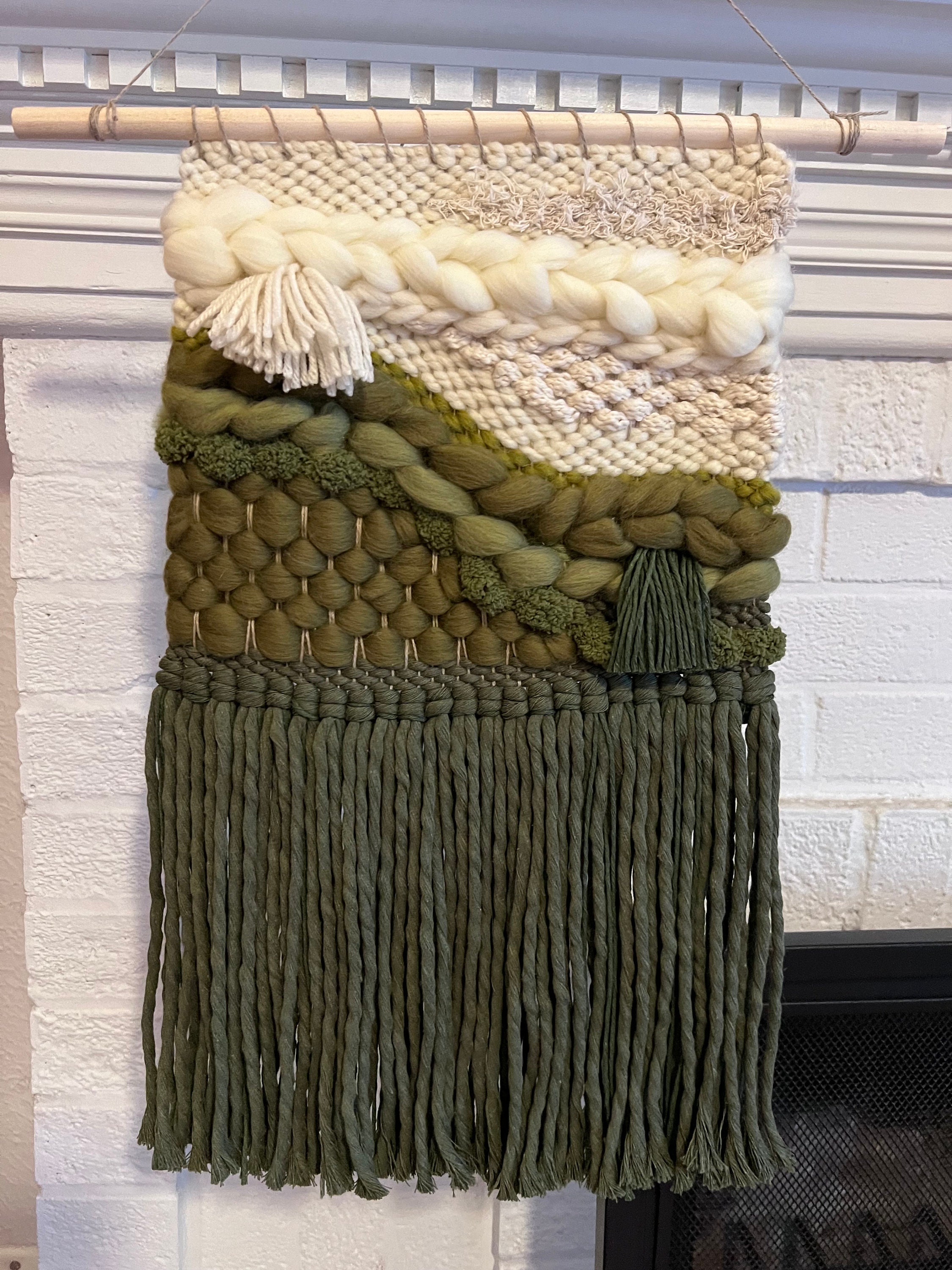 Green & Ivory Woven Wall Hanging/tapestry With Fringe - Etsy