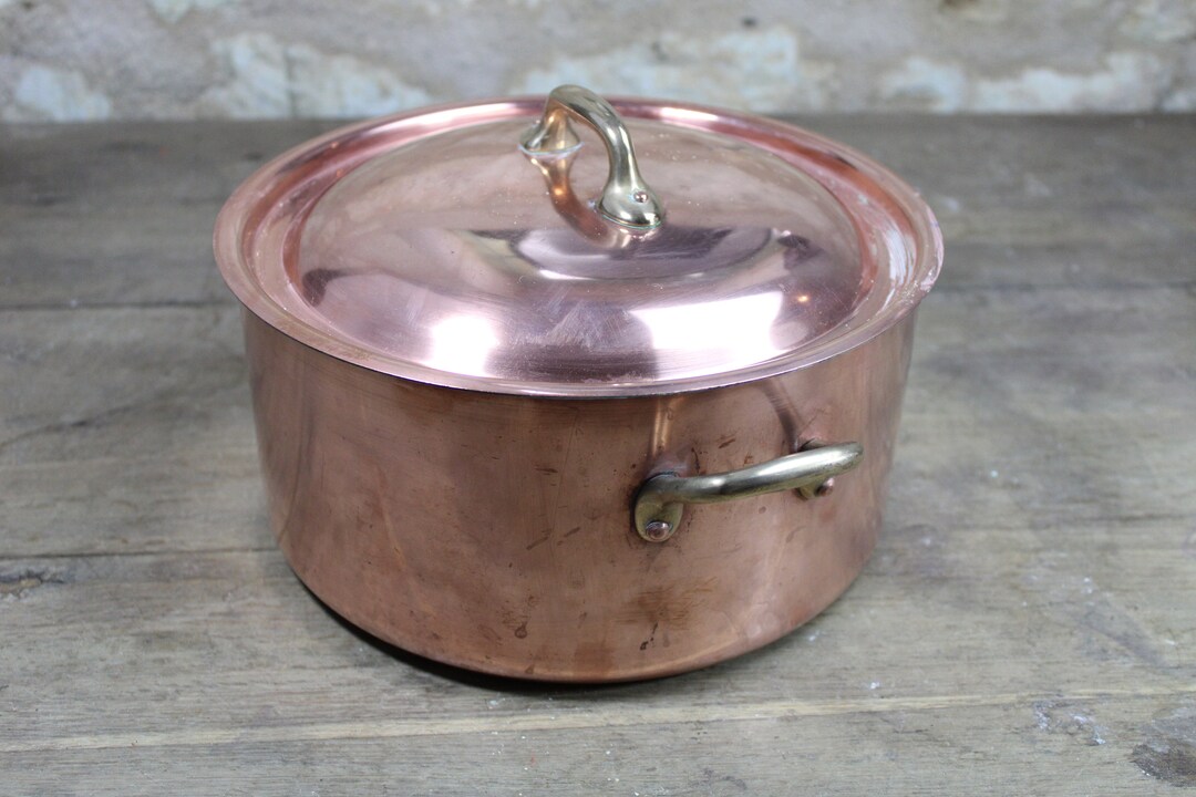 Vintage French Copper 1.75mm Casserole Oven Stew Pan Pot Tin Lined Lid ...
