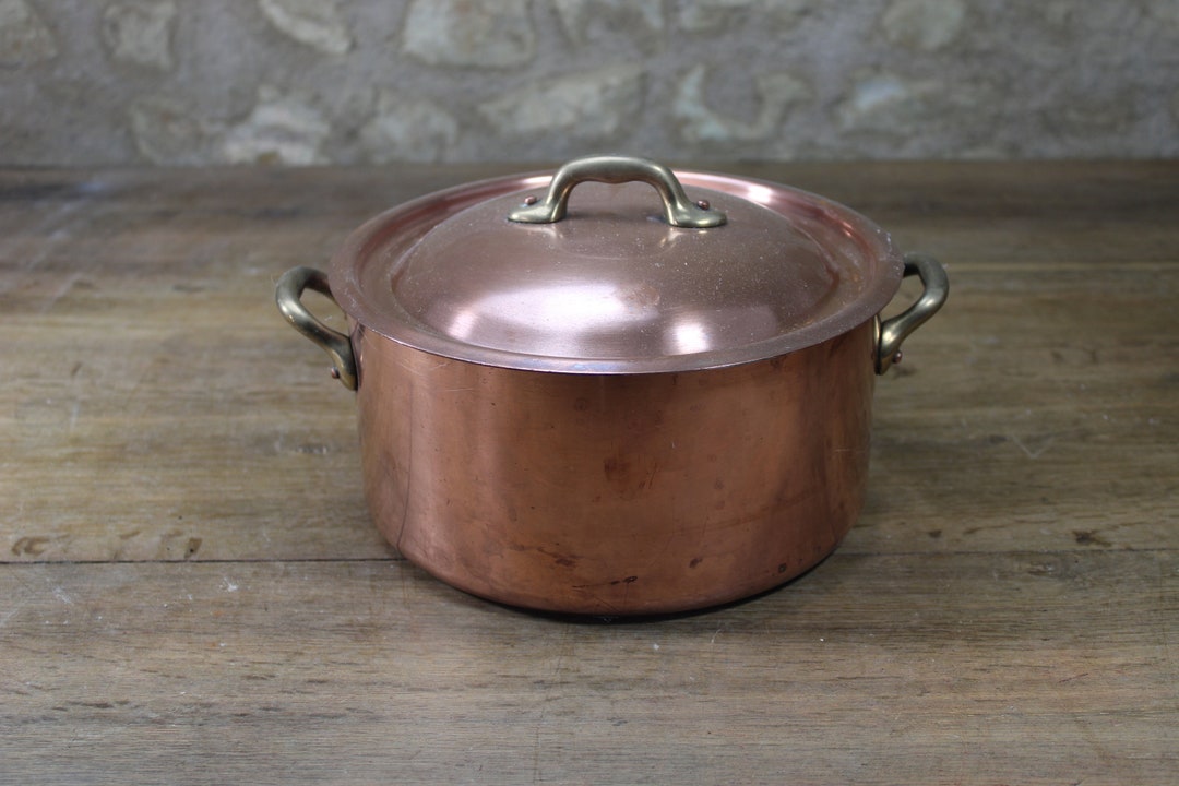 French 8 Copper Round 2mm Casserole Oven Stew Cocotte Pan Pot Lid ...