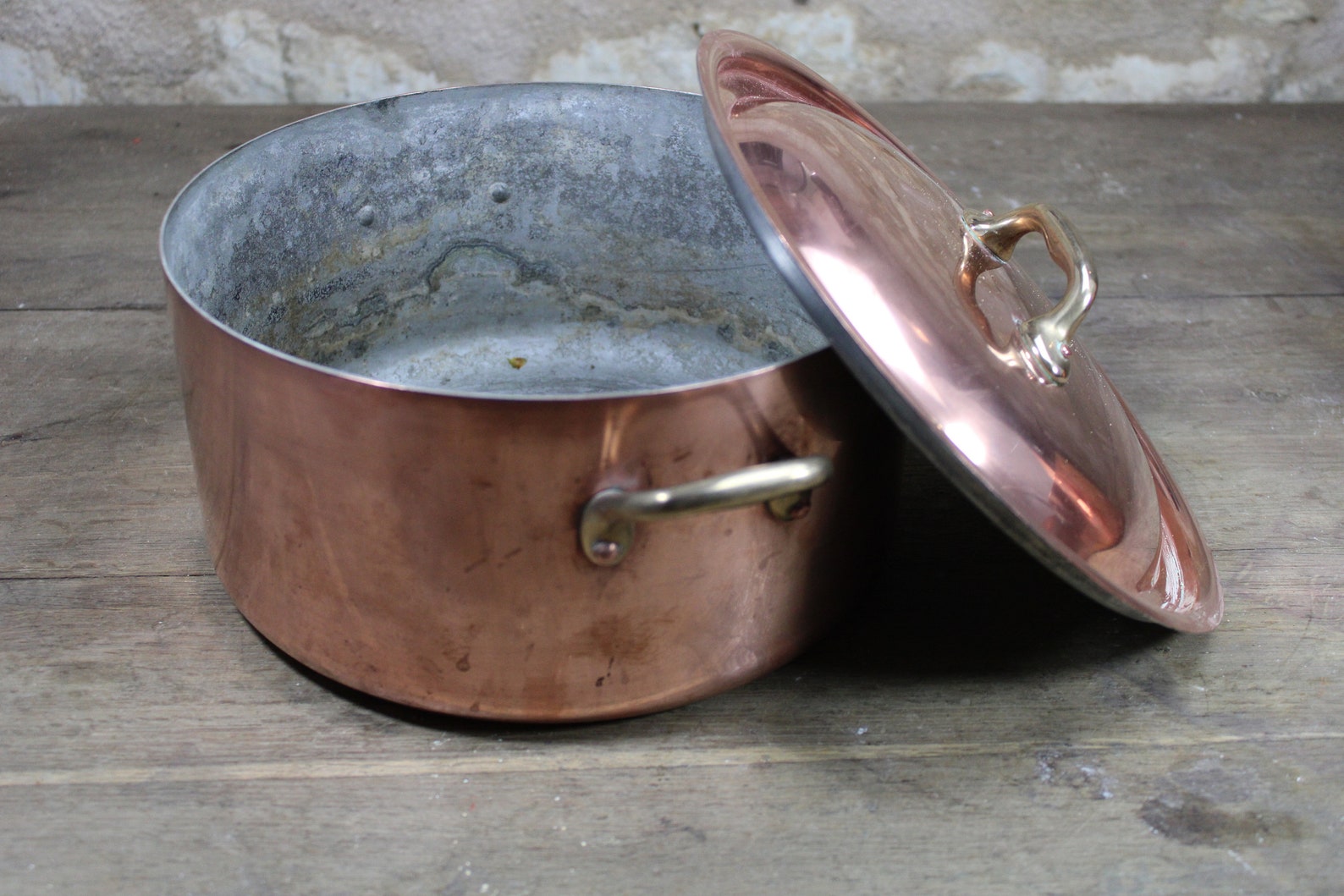 Vintage French Copper 1.75mm Casserole Oven Stew Pan Pot Tin Lined Lid ...