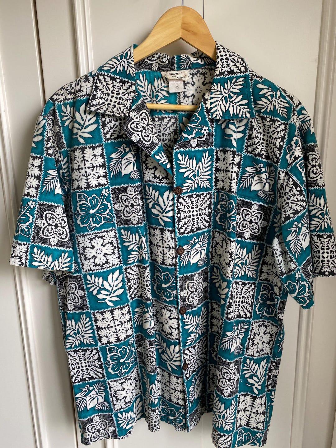 Vintage Men's Batik Hawaiian Shirt: Turquoise Block Print, 1980s Style ...