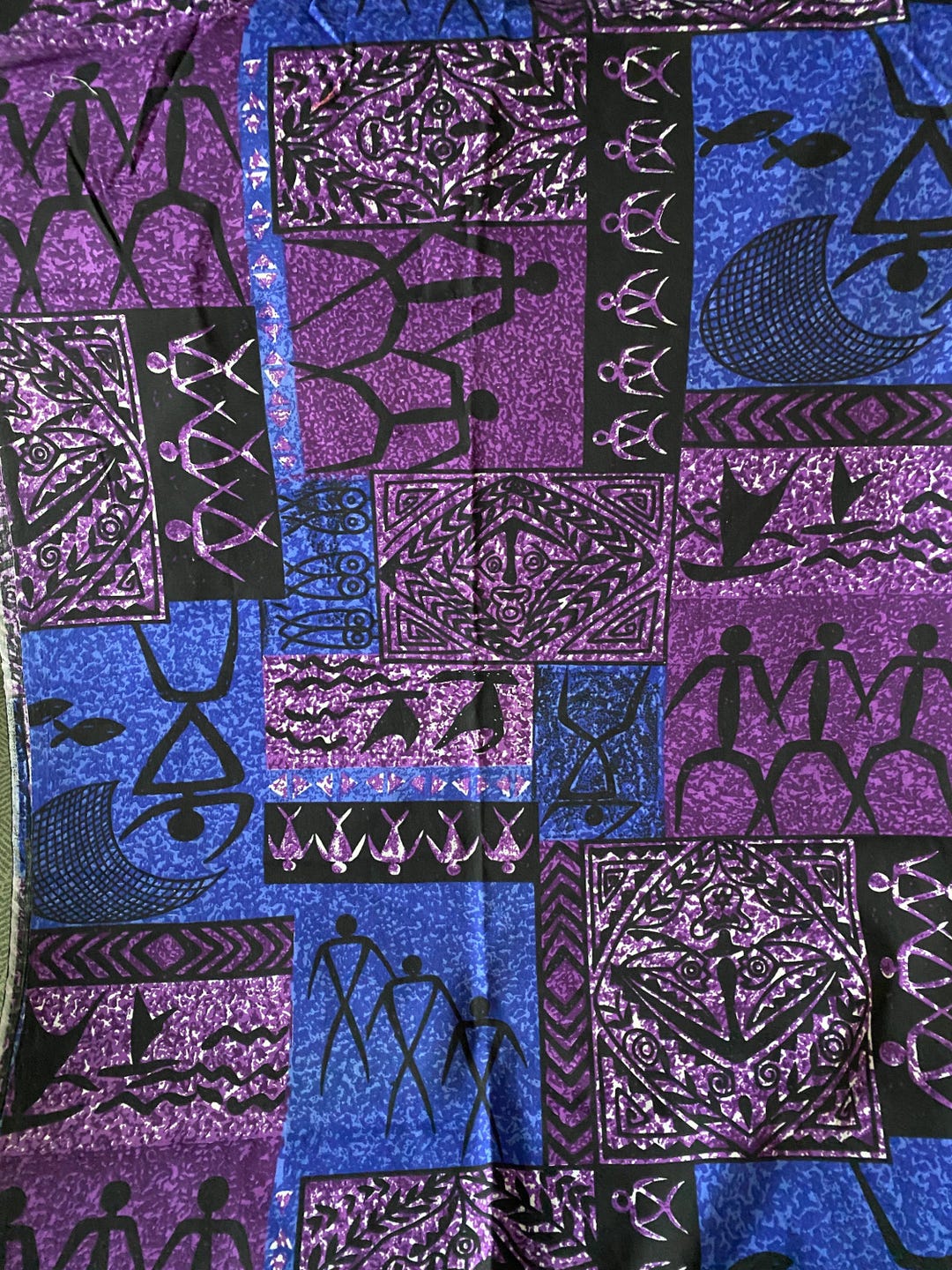 Blue & Purple Hawaiian Print Fabric, Batik Print, Tiki Print, Tribal ...