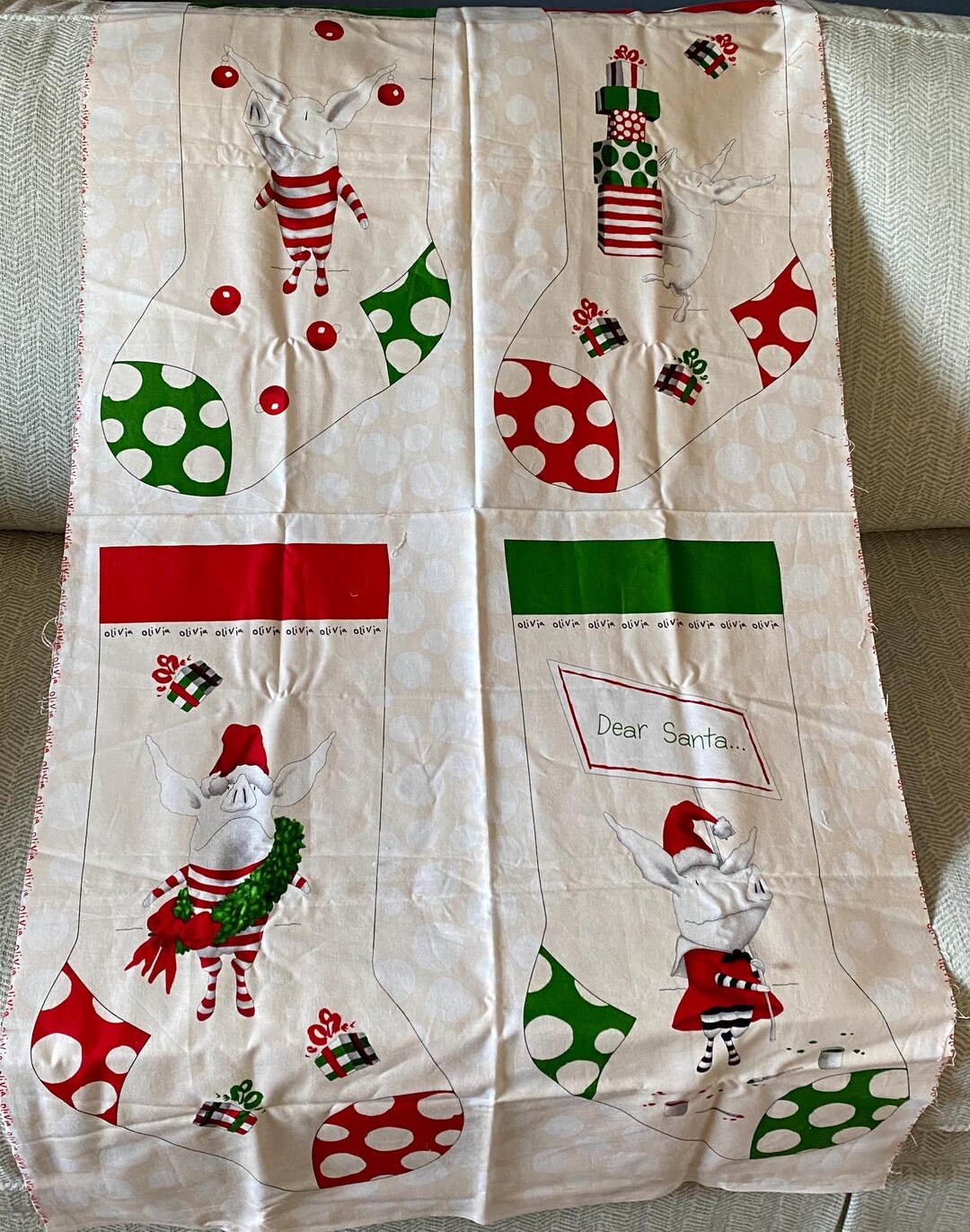 Olivia the Pig Fabric Panel, Christmas Stocking Fabric Panel, Ian ...