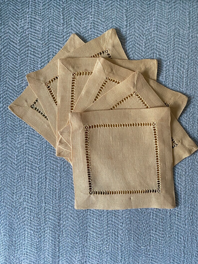 Sferra Bros Hemstitched Gold Linen Cocktail Napkins - Set of 6 - New ...
