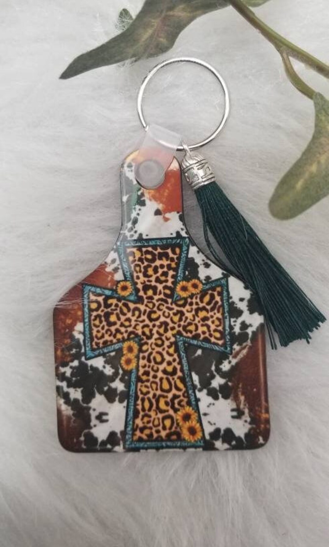 Leopard Cross Cow Print Keychain Livestock Cow Tag Key Chain Cow Ear ...