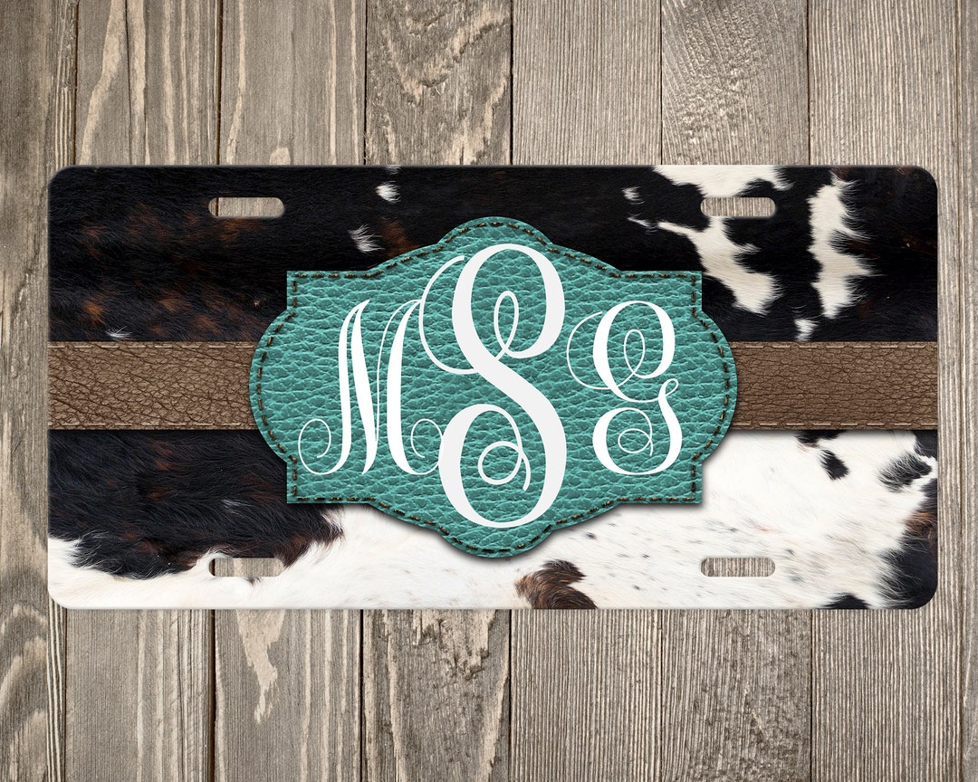 Cow Print Leather Personalized Front License Plate, Monogram Custom ...