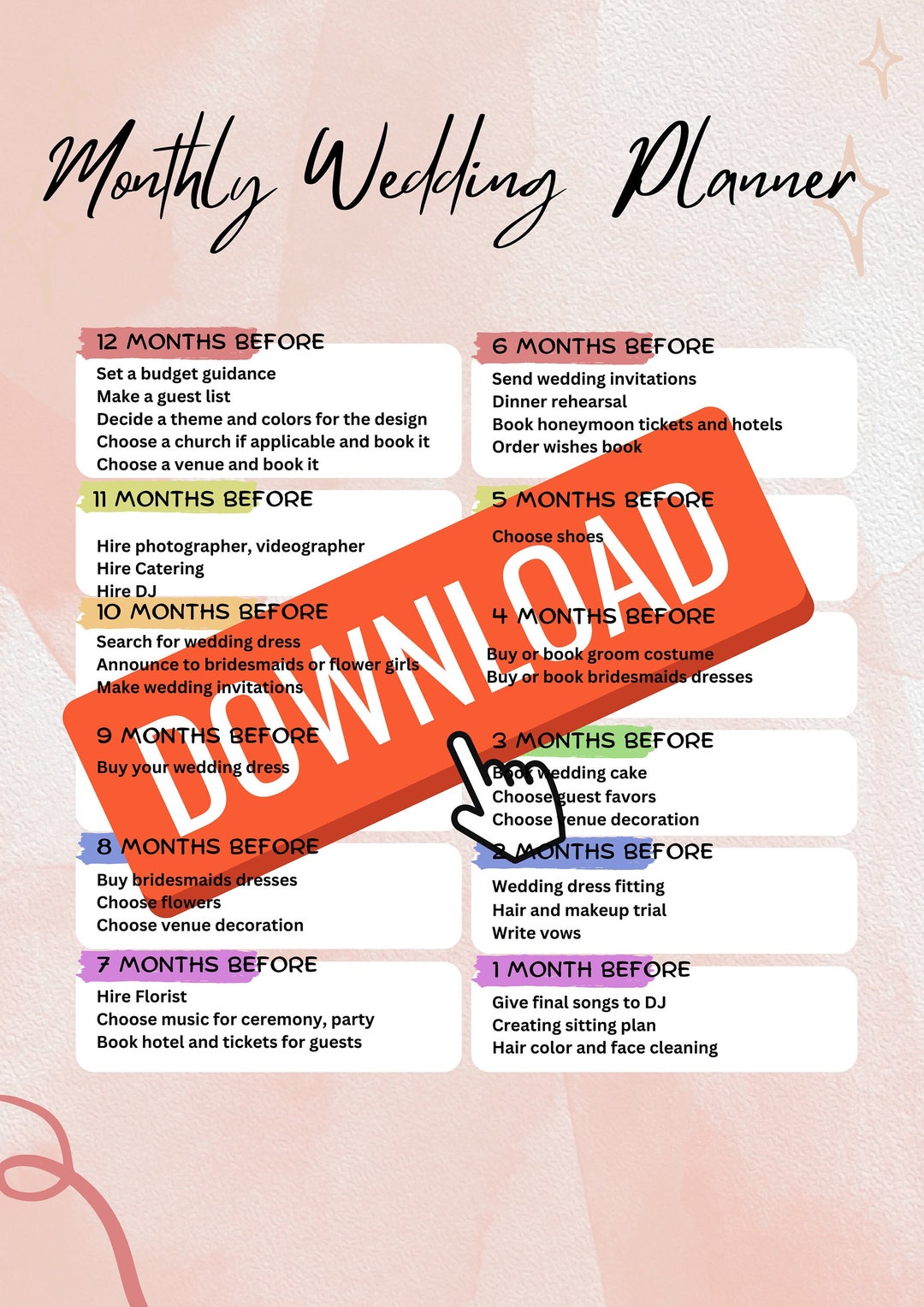 MONTHLY CHECKLIST Flashcard Wedding Planning INSTANT Download, Wedding ...