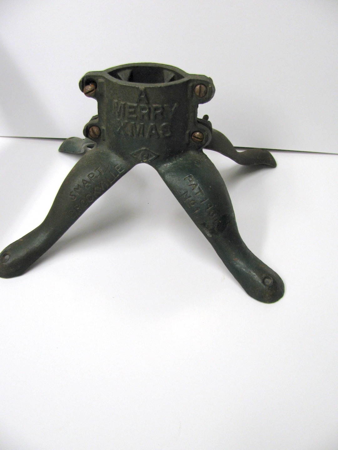 Antique Christmas Tree Stand - A Merry Xmas - Dark Green / Forest Green ...