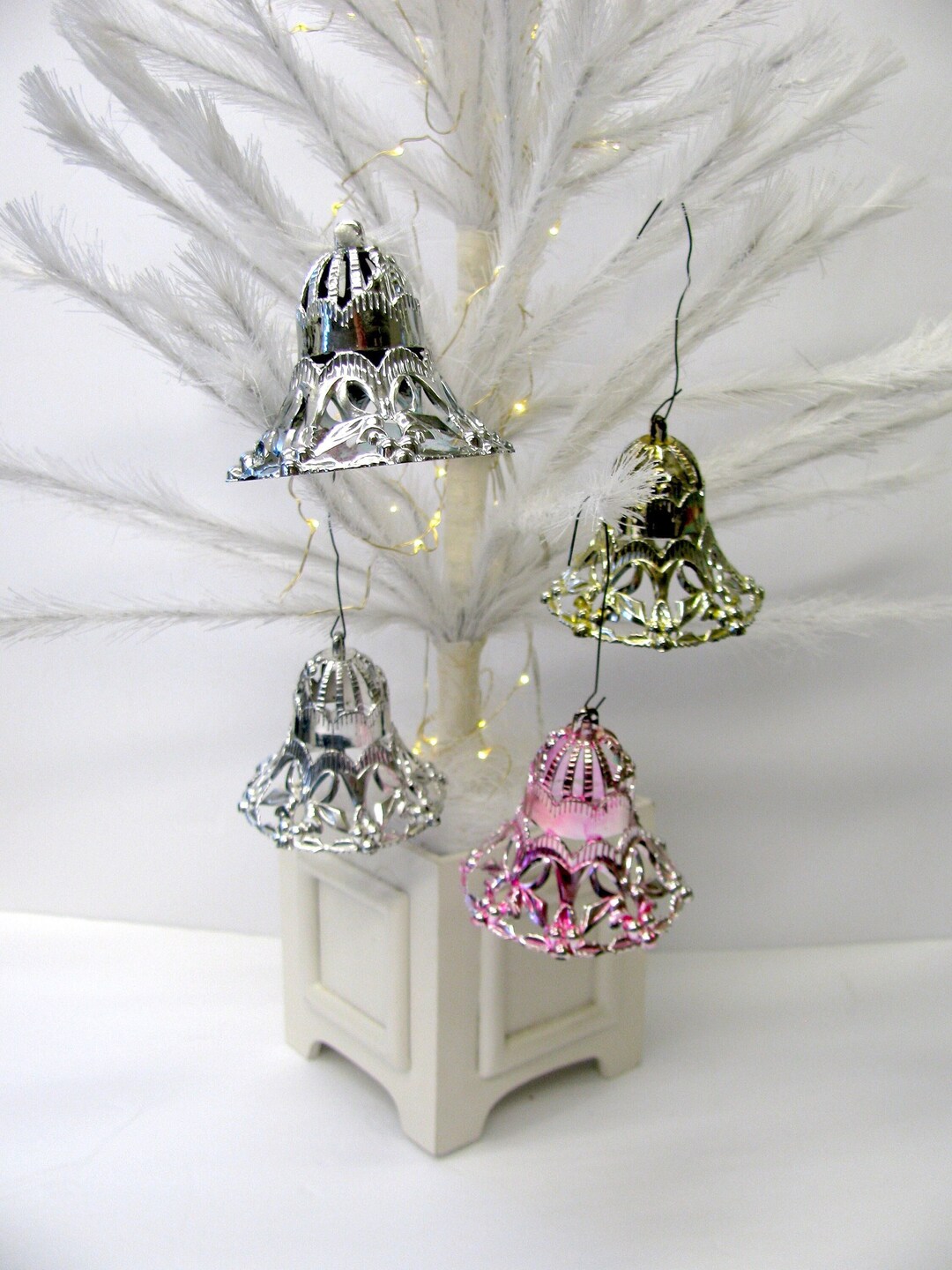 4 Vintage Bell Ornaments Plastic Filigree Bells in Pink, Gold, Silver ...