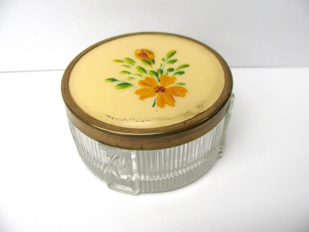 Vintage Vanity Jar - Art Deco Glass Vanity Jar With Flower Lid - Makeup ...