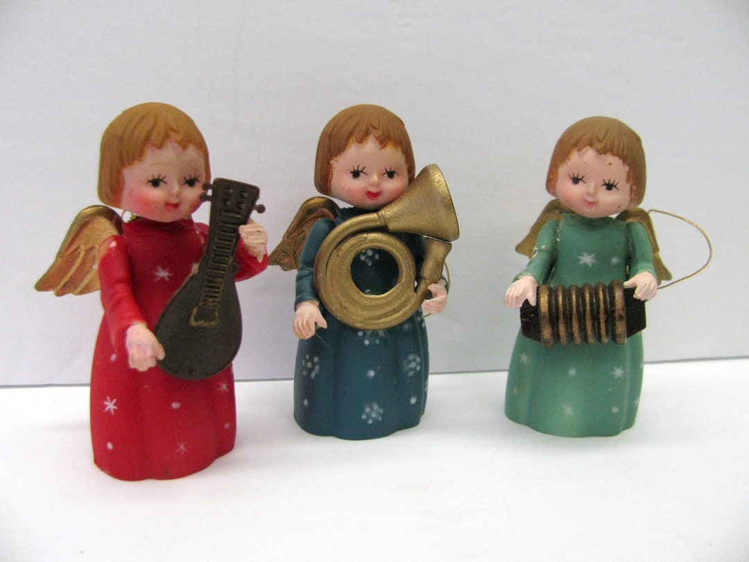 3 Vintage Angel Ornaments - Three Retro Plastic Angels with Instruments ...