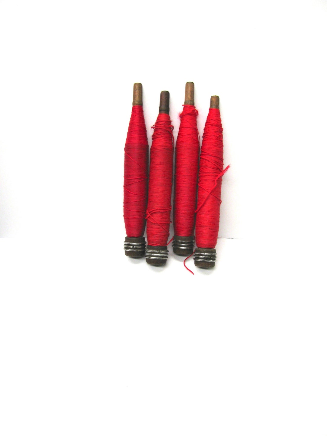 4 Vintage Textile Bobbins - Red Yarn on Industrial Bobbin Spindles ...