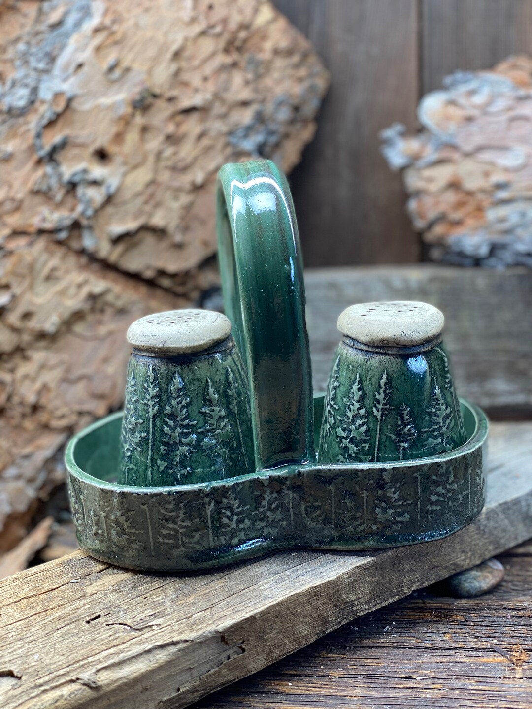 Green Salt and Pepper Shakers, Pine Trees, Handmade Pottery - Etsy