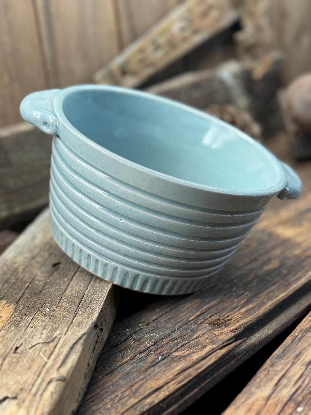 Small Casserole Dish - Light Blue With Carved Lines - Handmade Pottery ...