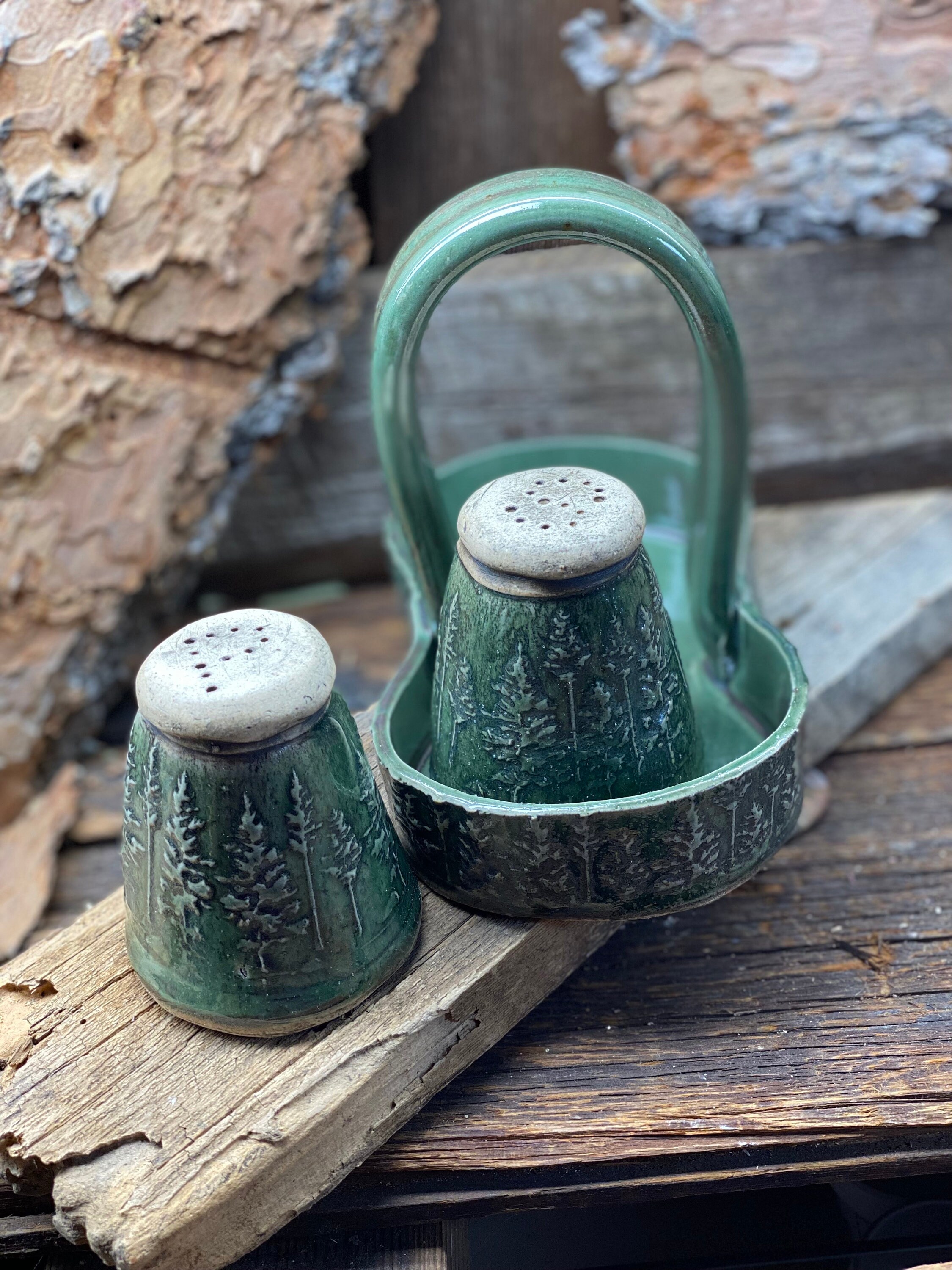 Green Salt and Pepper Shakers, Pine Trees, Handmade Pottery - Etsy