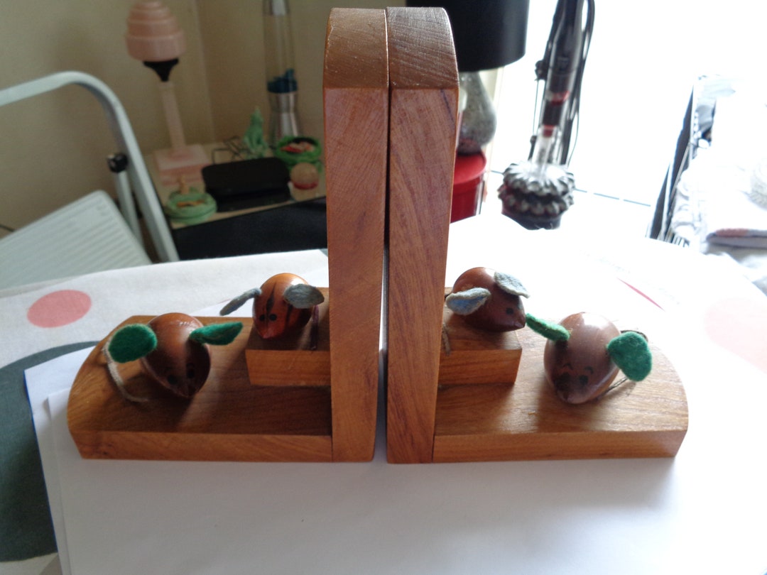 Vintage Wooden Mouse Bookends Leather Tails and Ears - Etsy