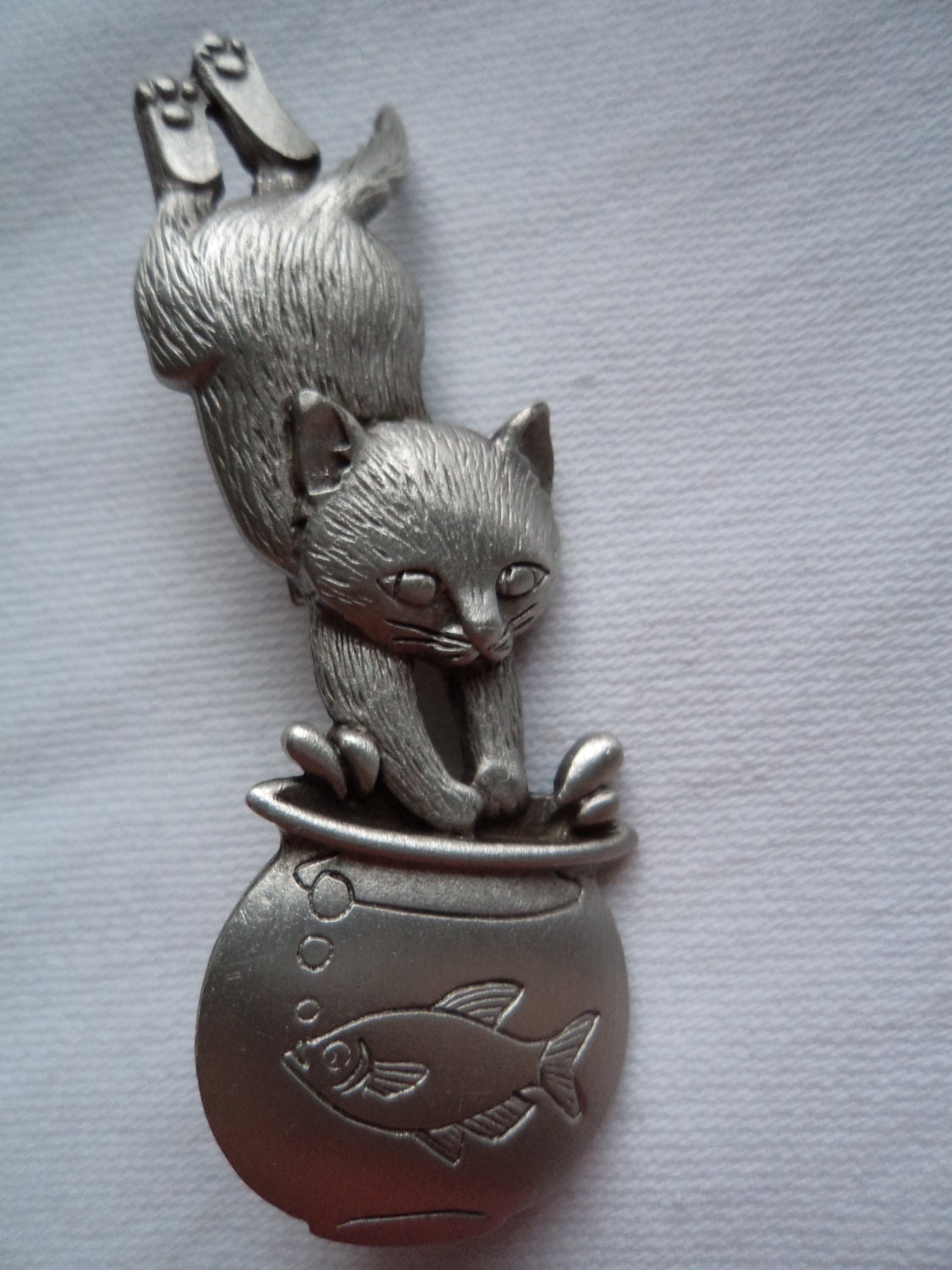 Vintage Signed JJ Silver Pewter Cat Diving Into Fishbowl | Etsy