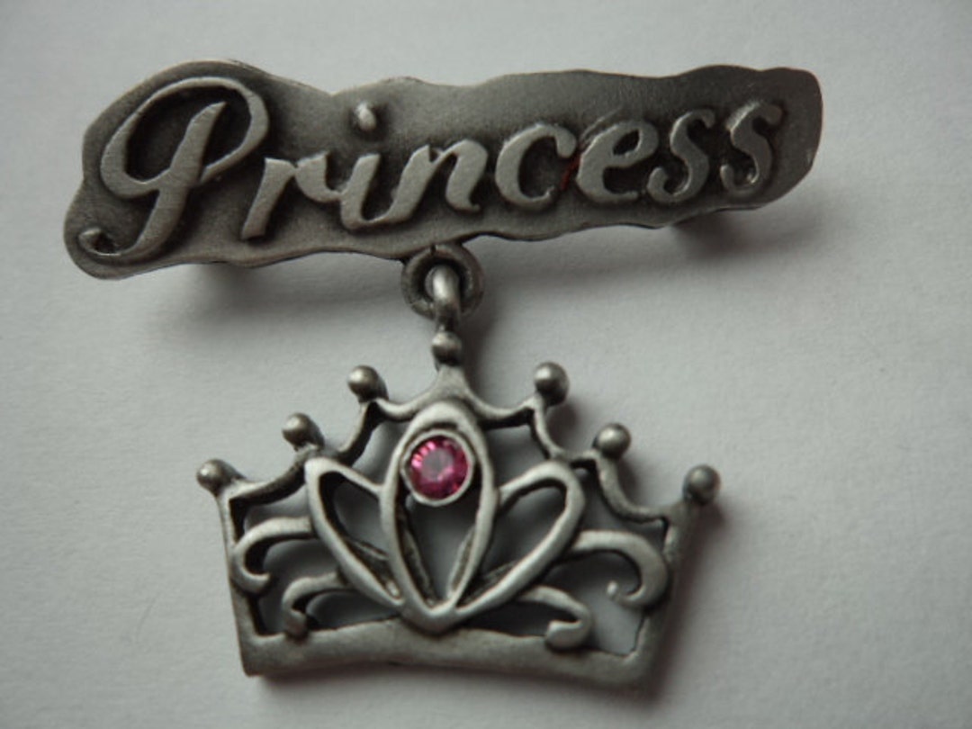 Vintage Signed JJ Silver Pewter Princess With Dangling Crown and Pink ...