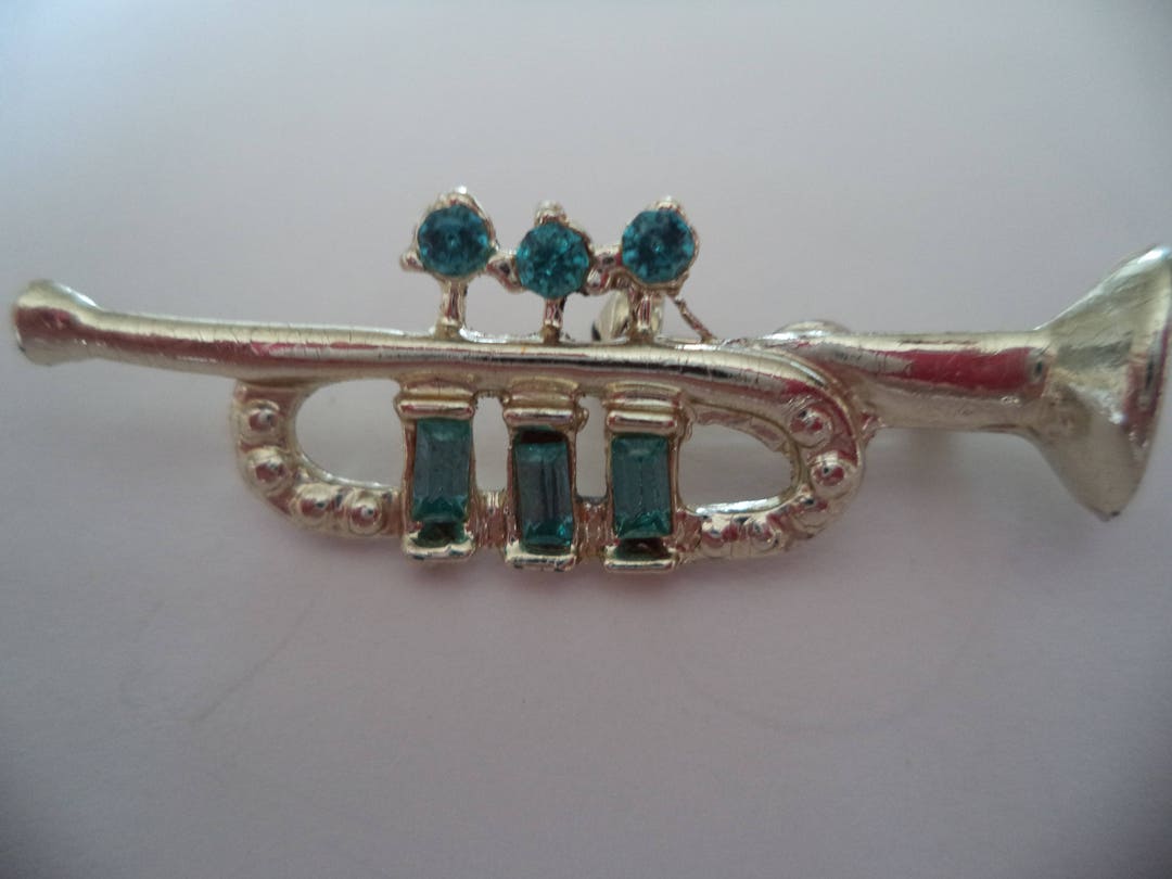 Vintage Unsigned Silvertone/blue Trumpet Brooch/pin - Etsy