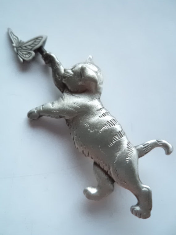 Vintage Signed JJ Silver Pewter Cat Playing With Butterfly - Etsy