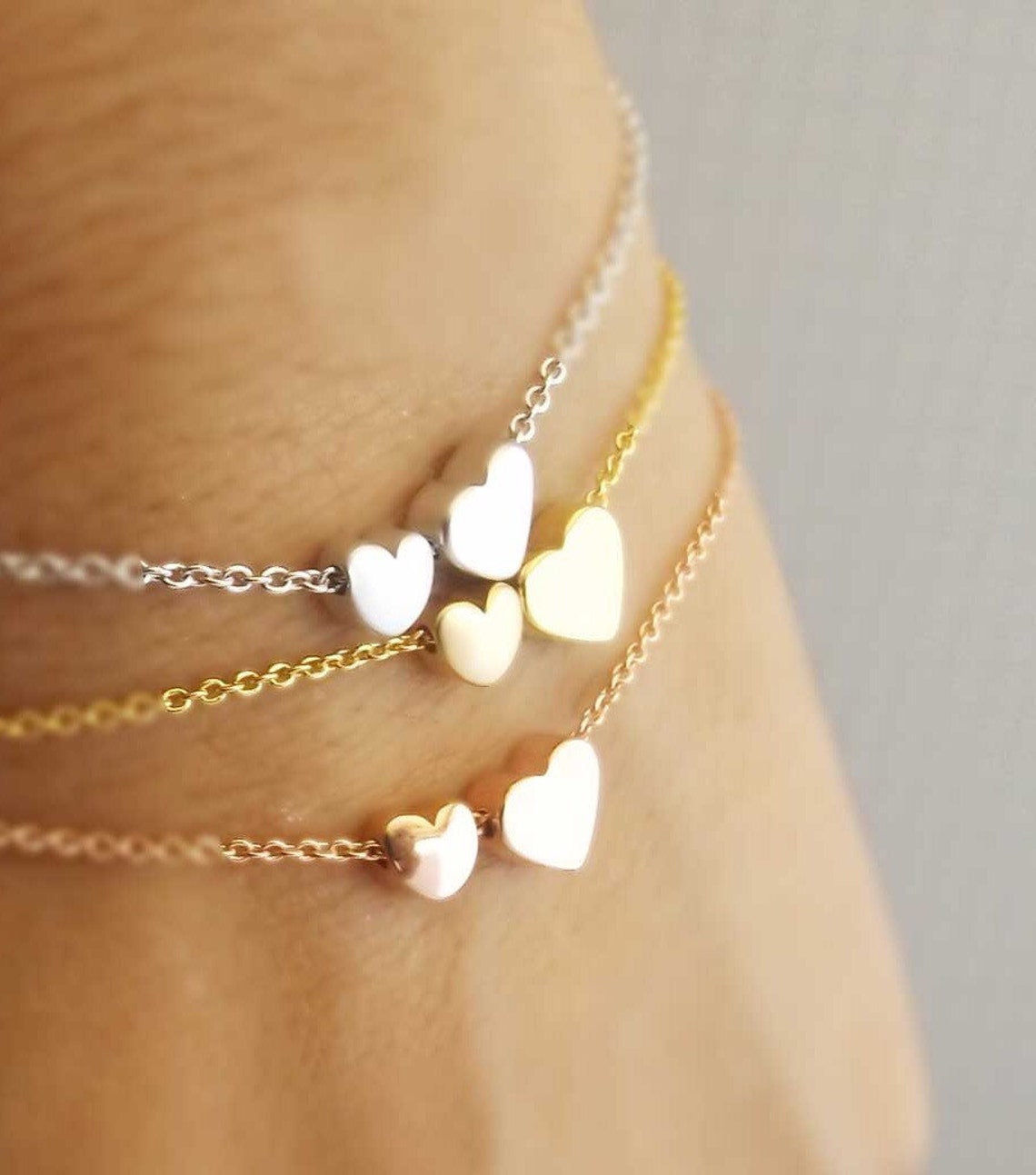 Double Heart Bracelet Silver rose gold or gold plated 2 | Etsy