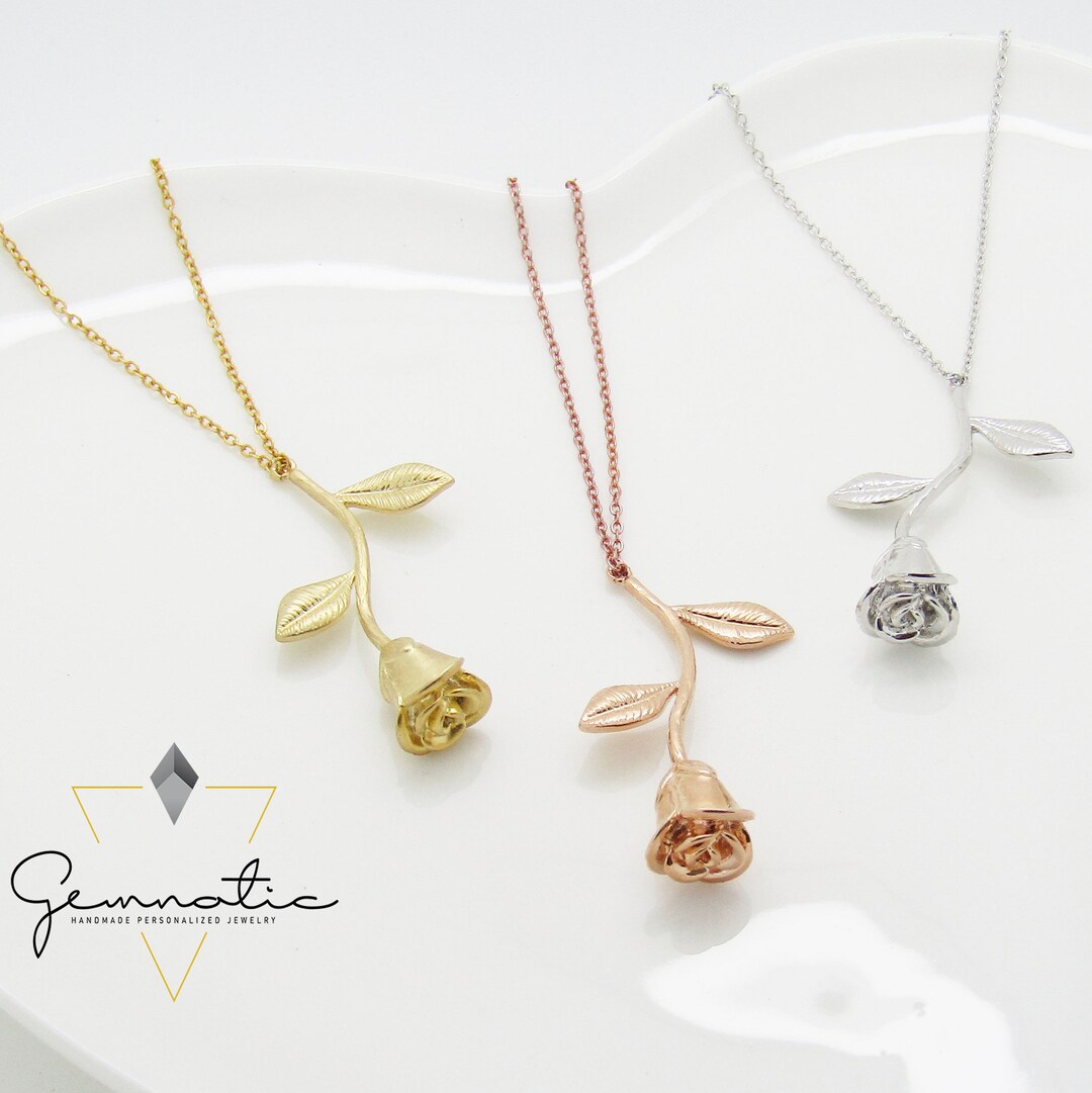 Rose Stem Pendant Necklace Gifts for Her Rose Flower Necklace Silver ...