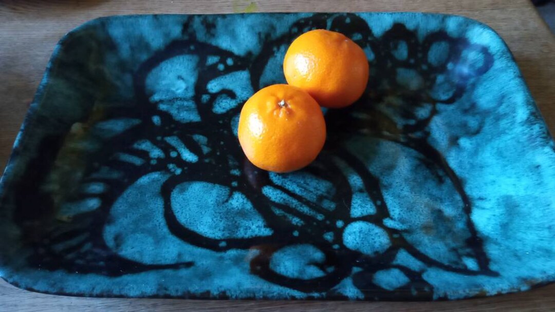 David Eeles studio pottery teal and black abstract large serving dish ...