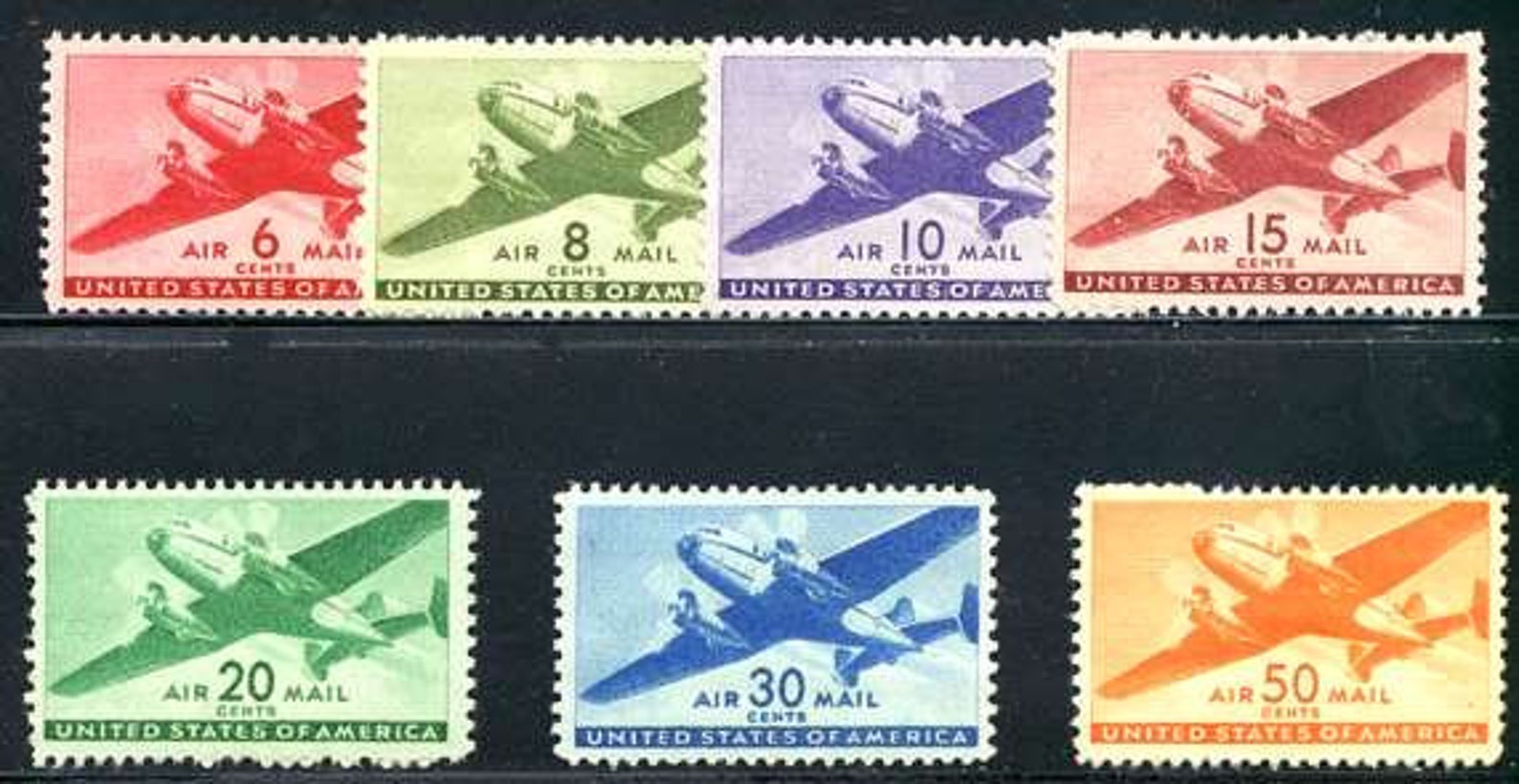 US Airmail Postage Stamps.1941 WWII Transport Planes Set of 7 Stamps ...