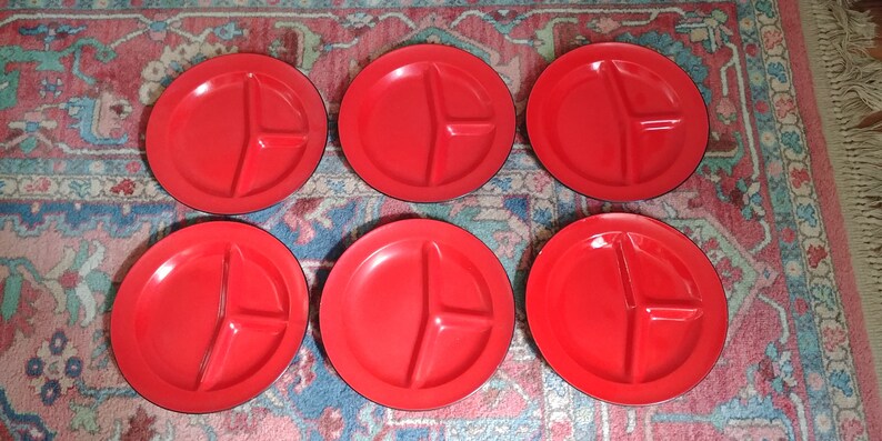 Vintage 6 Red Enamel 11" Divided Plates - Etsy