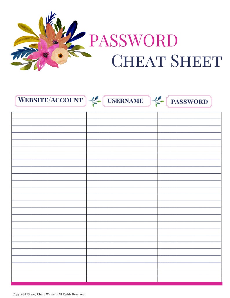 Password Cheat Sheet Printable - Etsy