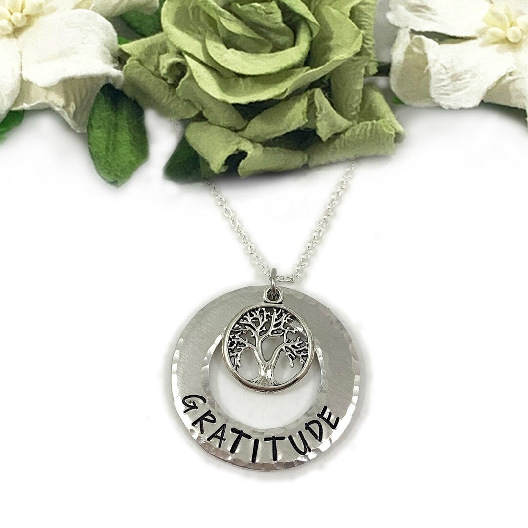 Gratitude Necklace With Nature Charm, Hand-stamped, Hammered, Nature ...