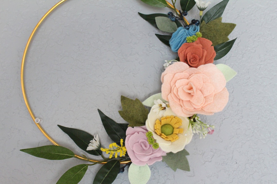 Enchanting Wool Felt Flowers Gold Ring Home Decor Door | Etsy